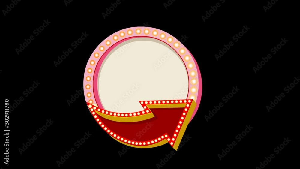 Animated 3D red curved illuminated arrow sign with looping light bulb ...