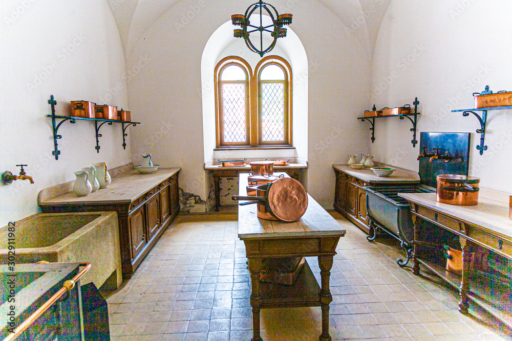 historic kitchen inside the castle Neuschwanstein from king Ludwig 2 of ...