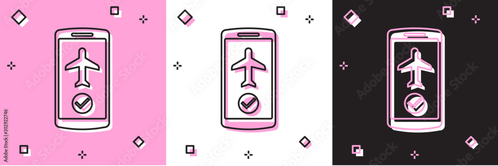 Set Flight mode in the mobile phone icon isolated on pink and white ...