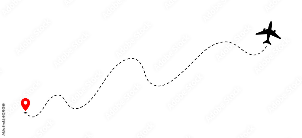 Airplane track to point with dashed line way on white background Stock ...