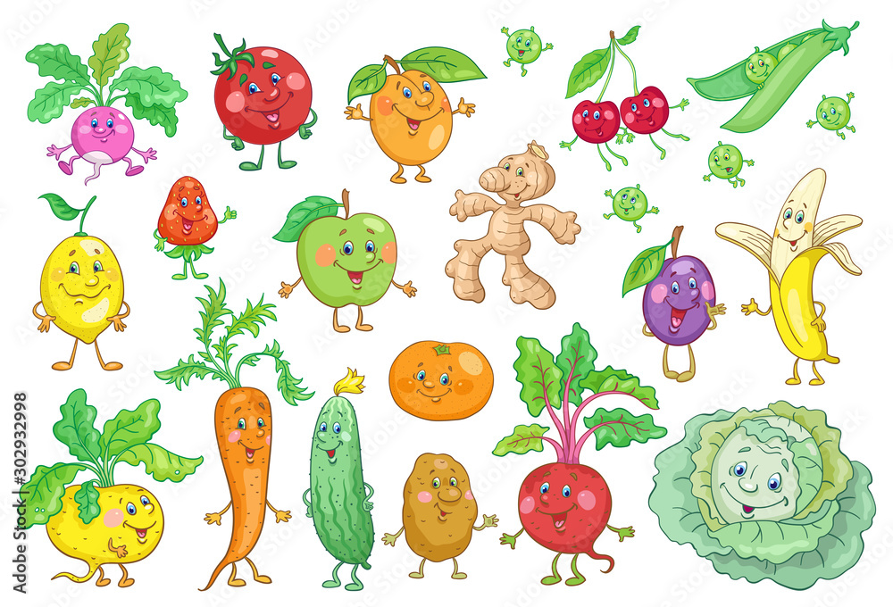 Collection of funny fruits and vegetables. In cartoon style. Isolated ...