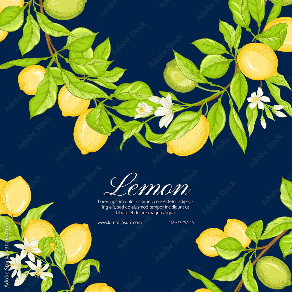 Lemon tree branch with lemons, flowers and leaves. Template for wedding ...