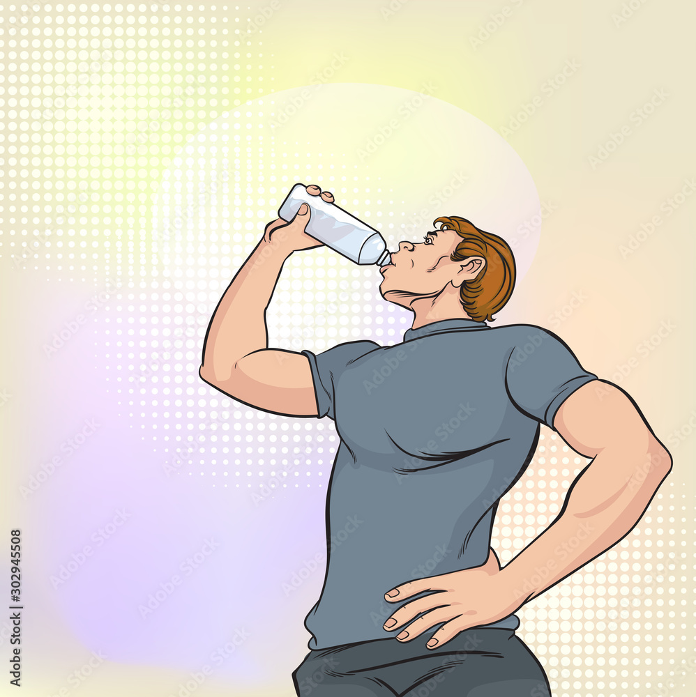Men are drinking water from bottle.Pop art retro comic book cartoon ...