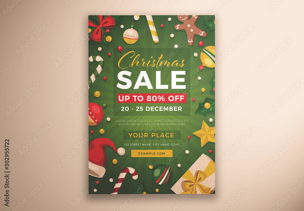 Christmas Sale Flyer Layout with Illustrative Ornaments Stock Template ...