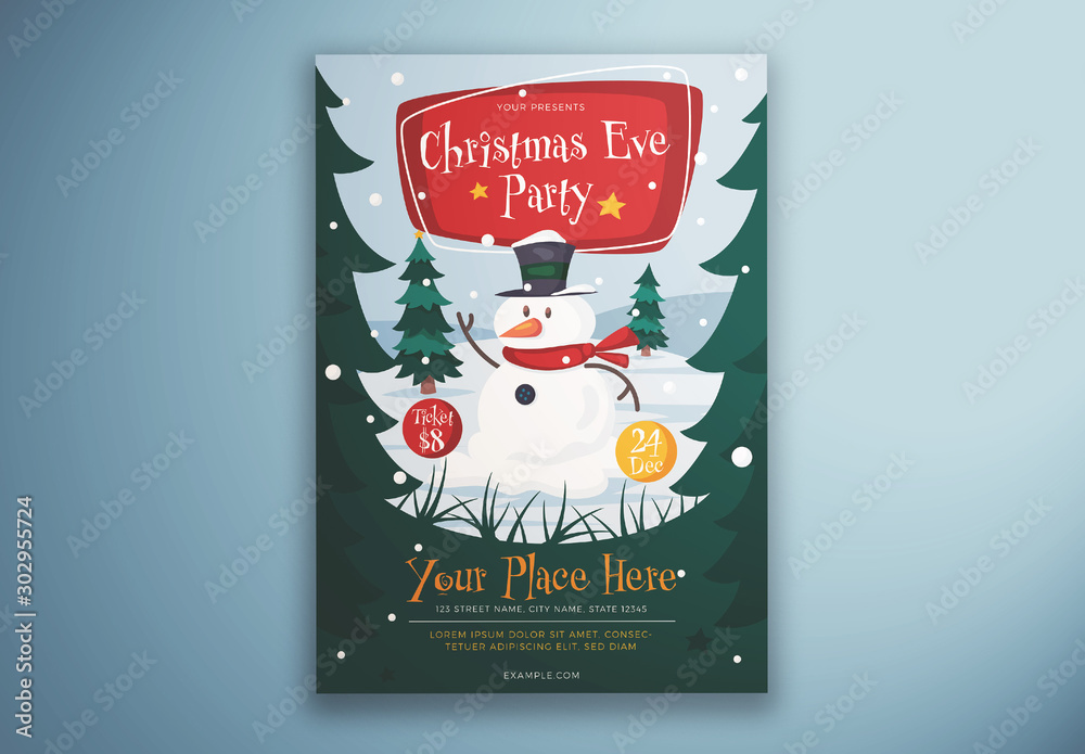 Christmas Eve Party Flyer Layout with Snowman Stock Template | Adobe Stock