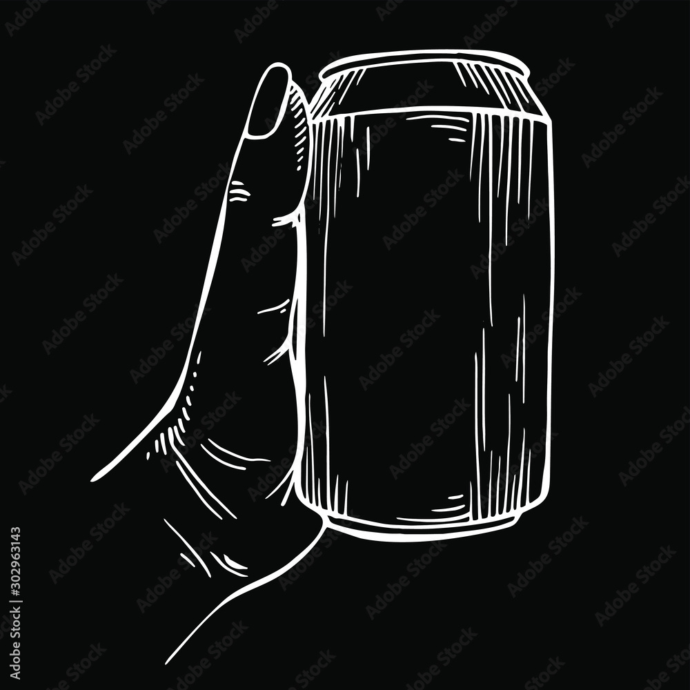 Blank Can in hand. Sketch beverage can in ink hand drawn style ...