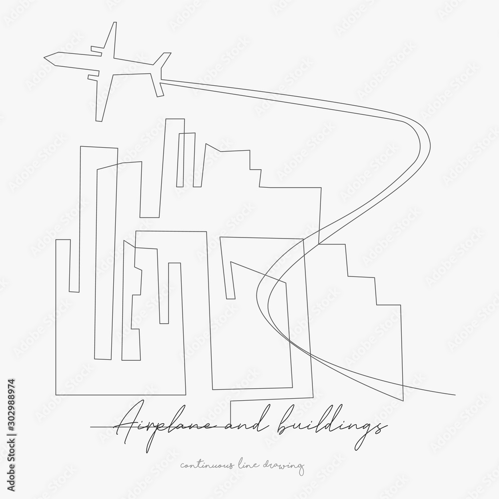 continuous line drawing. airplane and buildings. simple vector ...
