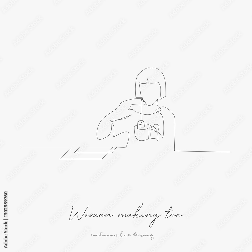 continuous line drawing. woman making tea. simple vector illustration ...