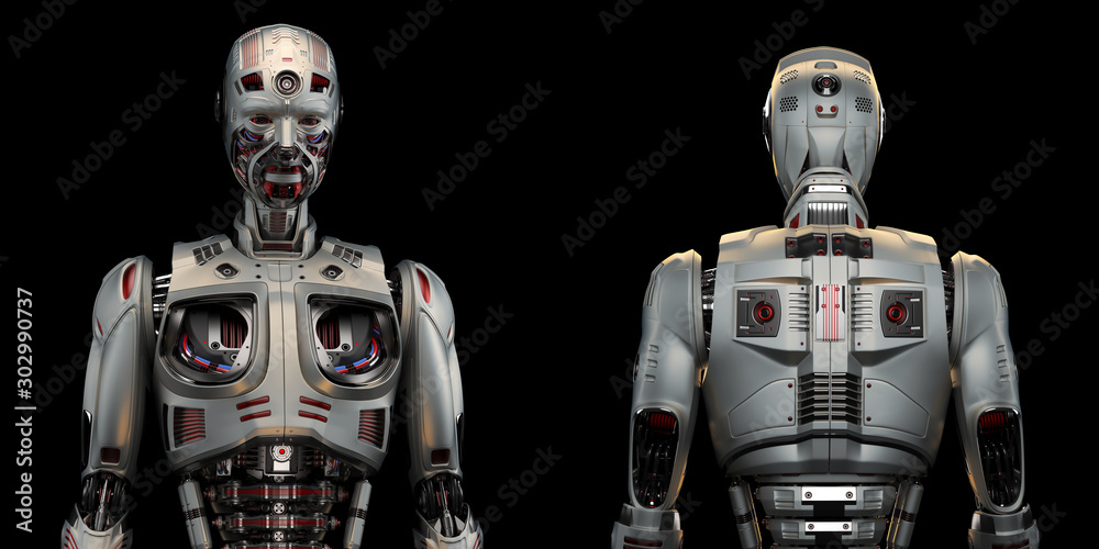 Two very detailed futuristic robots or humanoid cyborgs. Front and back ...