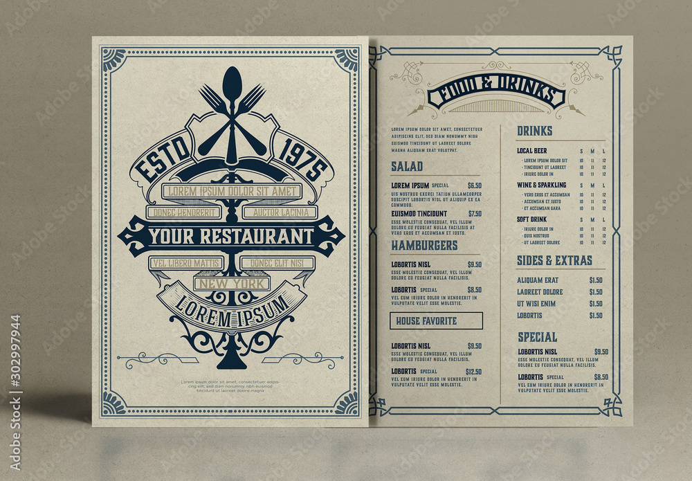 Restaurant Menu Layout with Ornamental Elements Stock Template | Adobe ...