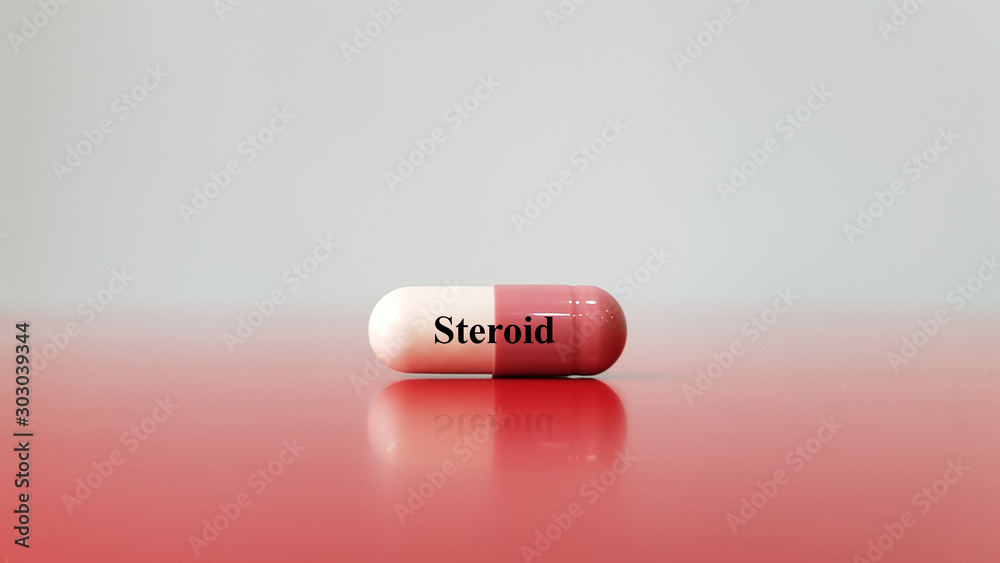 Steroid drug with clear copy space background. Steroid medication used ...
