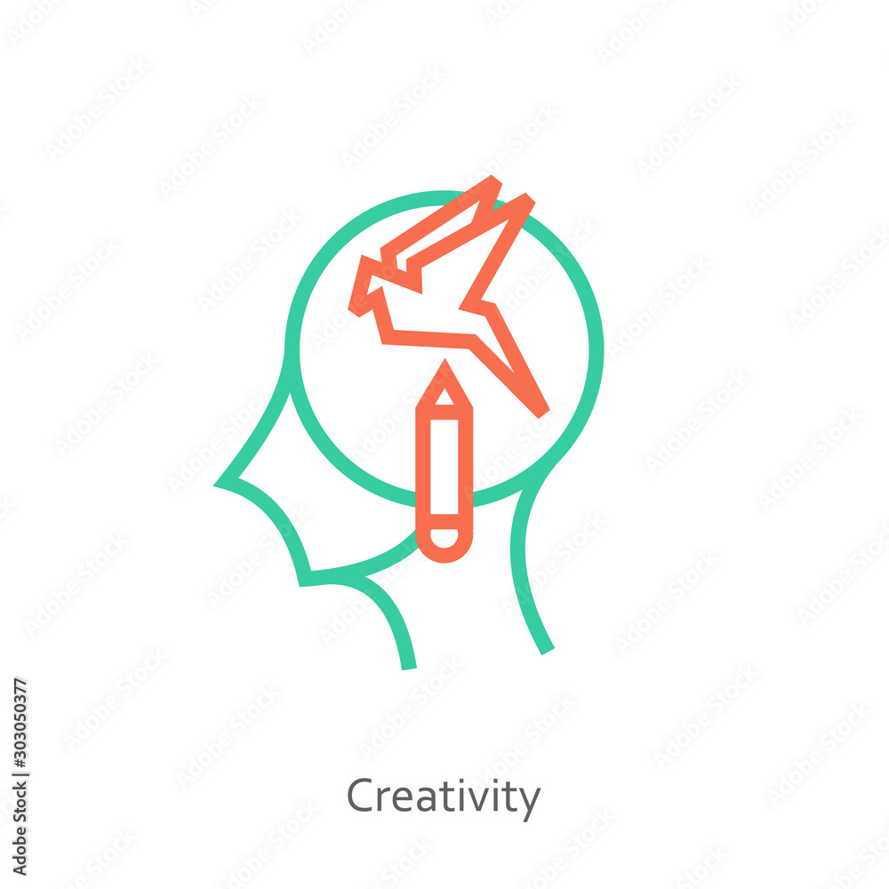 Creativity icon concept with flying bird and pointer stick inside in ...