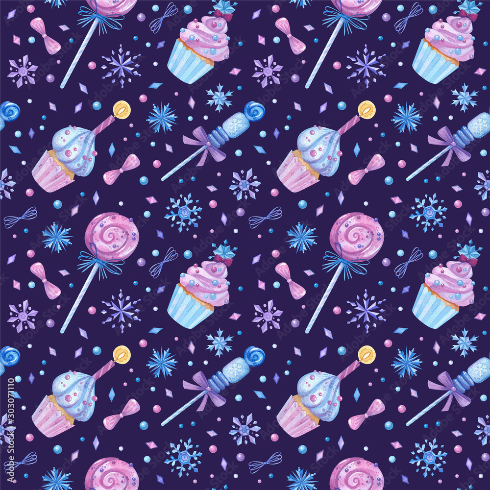 Birthday cakes and lollipops hand drawn seamless pattern. Cupcakes and ...