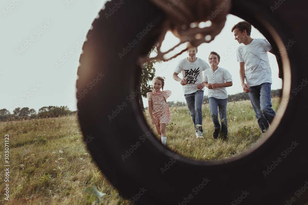 Big family walk, children in the field go, summer, nature Stock Photo ...