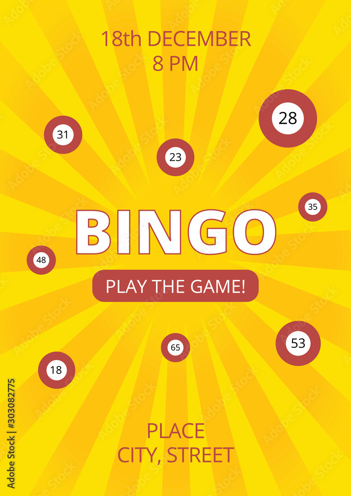 Bingo promotion poster with yellow glowing background and red balls ...