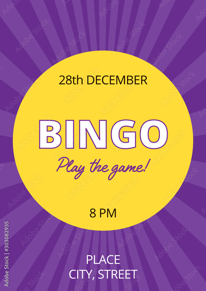 Bingo game poster with bright purple background. Original lottery party ...