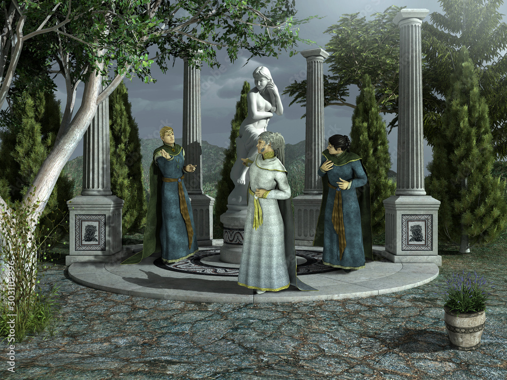Fantasy elven council in the ancient temple, 3D CG Stock Illustration ...