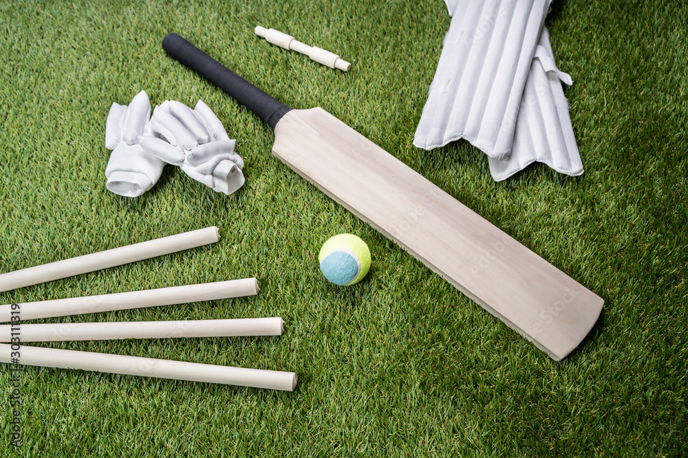 Cricket Bat And Ball On Turf Grass Stock Photo | Adobe Stock