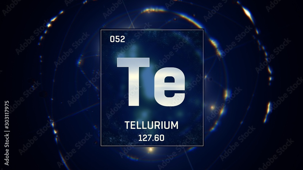 3D illustration of Tellurium as Element 52 of the Periodic Table. Blue ...