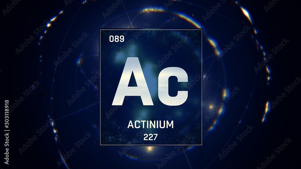 3D illustration of Actinium as Element 89 of the Periodic Table. Blue ...