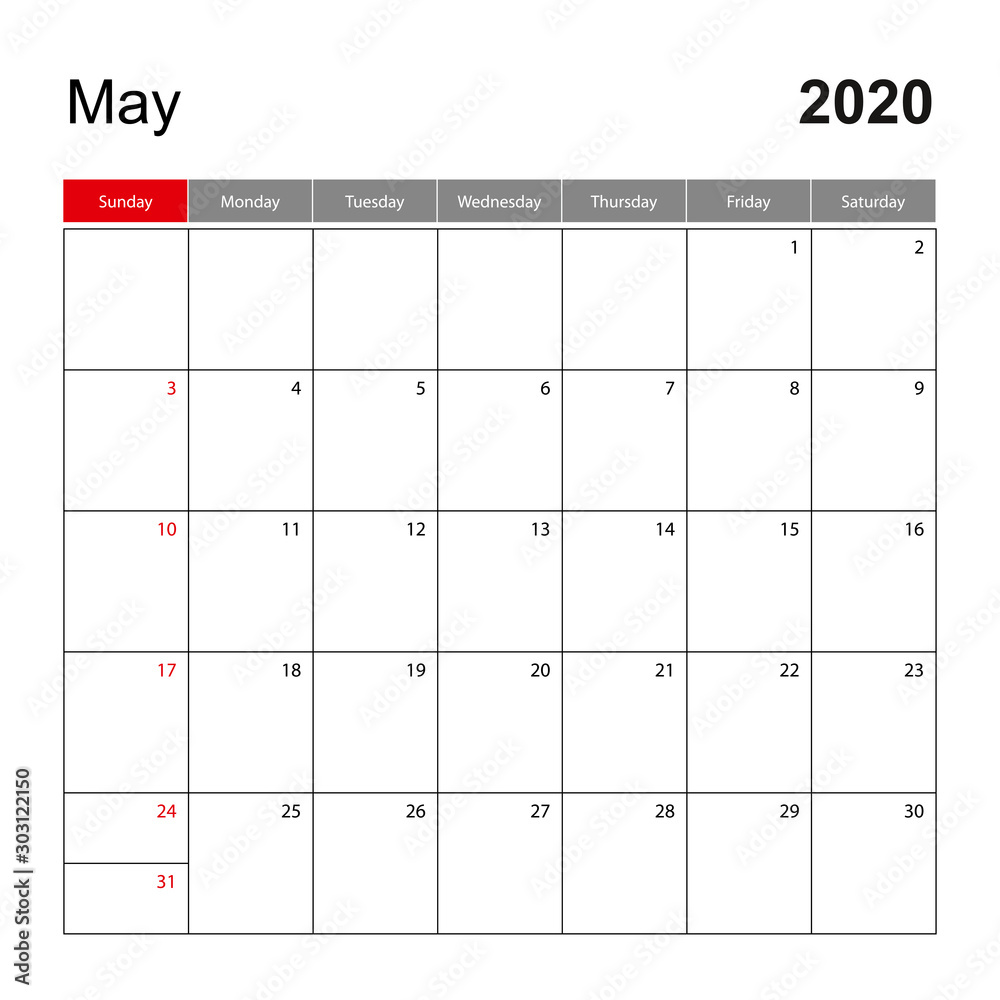 Wall calendar template for May 2020. Holiday and event planner, week ...