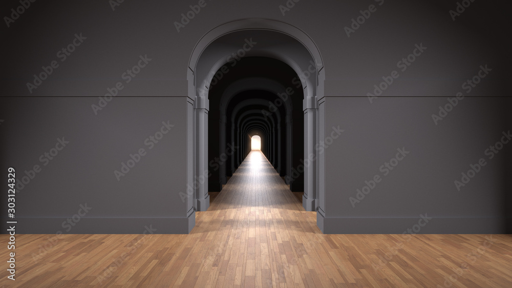 Empty dark architectural interior with infinite arch doors, endless ...