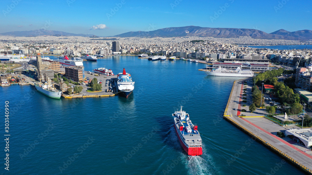 Aerial drone panoramic photo of famous busy port of Piraeus which is ...