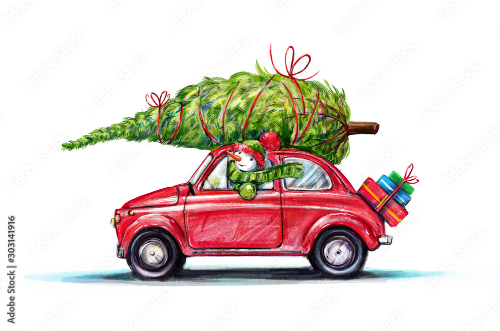 Snowman driving a red car with christmas tree on roof. Hand drawn ...