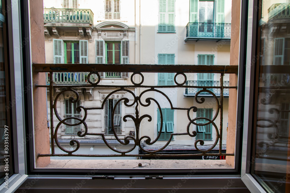 Nice, France, October 8, 2019. A view from a window of a typical city ...