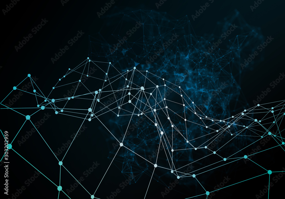 Plexus lines, dots and light beams with light points. Abstract technology, science and ...