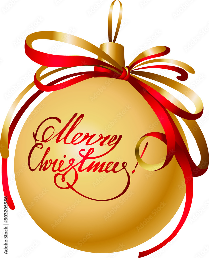 Vector big golden soft shining holiday ball with red bow and hand ...