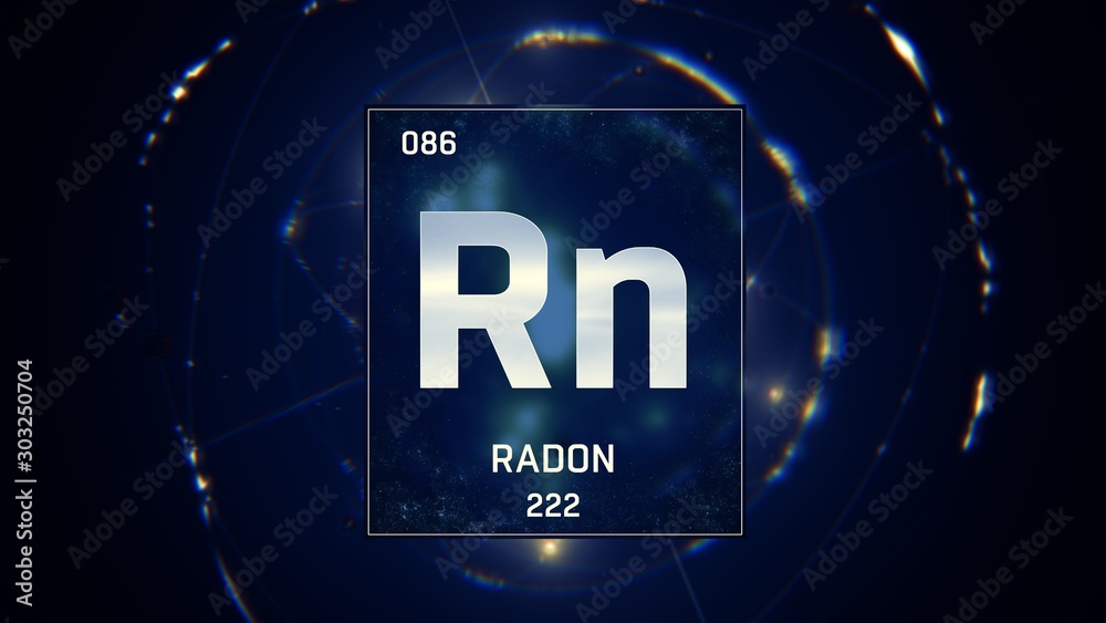 3D illustration of Radon as Element 86 of the Periodic Table. Blue ...