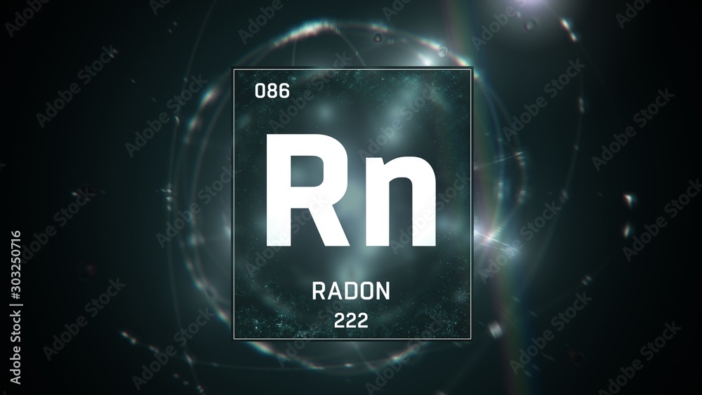 3D illustration of Radon as Element 86 of the Periodic Table. Green ...