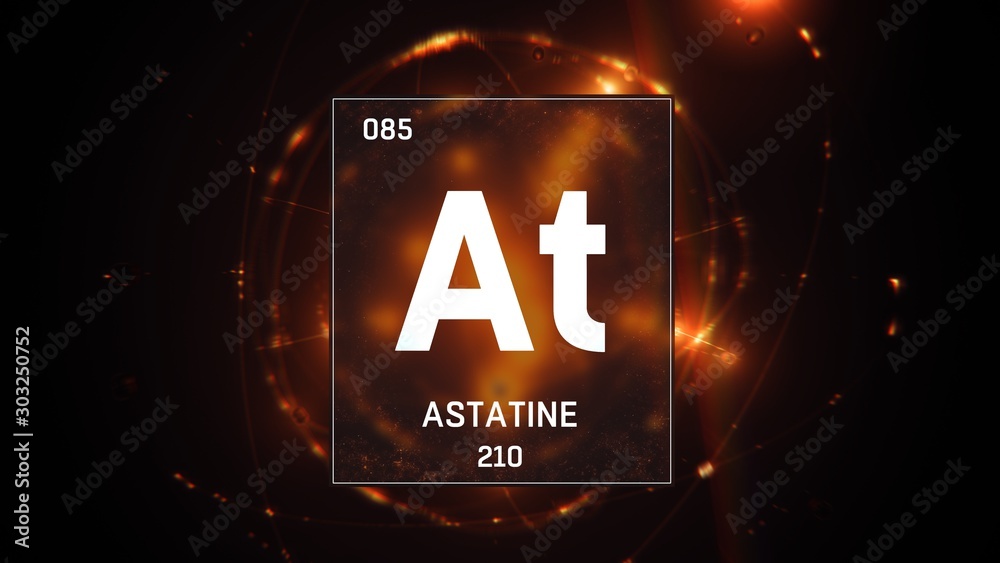 3D illustration of Astatine as Element 85 of the Periodic Table. Orange ...