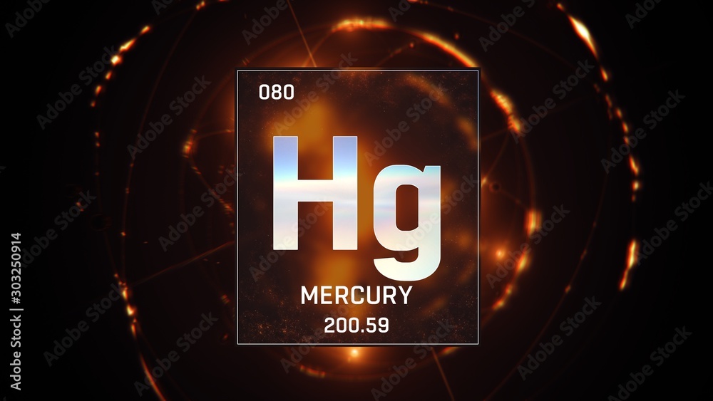 3D illustration of Mercury as Element 80 of the Periodic Table. Orange ...