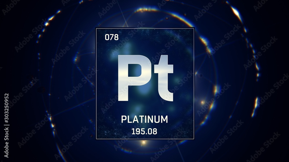 3D illustration of Platinum as Element 78 of the Periodic Table. Blue ...