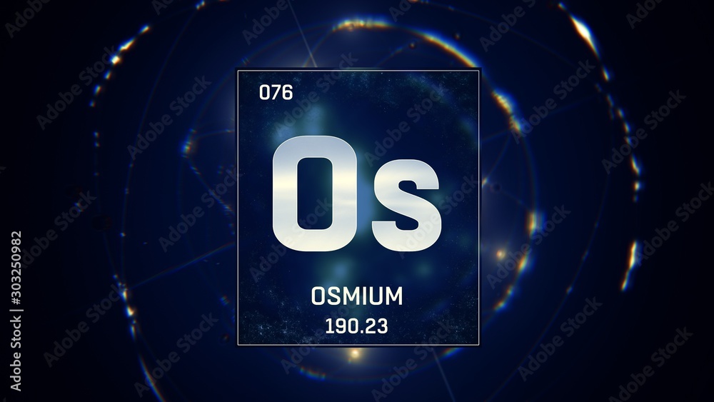 3D illustration of Osmium as Element 76 of the Periodic Table. Blue ...