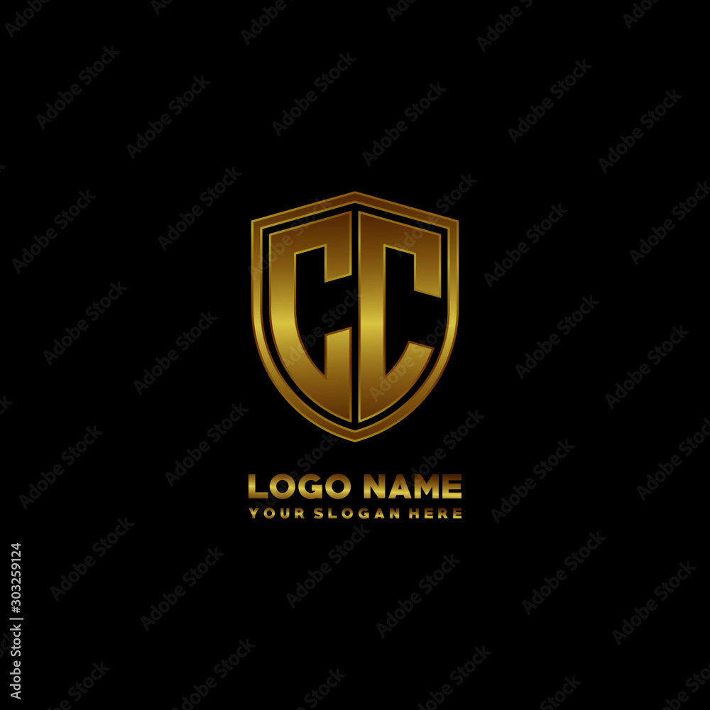 Initial letters CC shield shape gold monogram logo. Shield Secure Safe ...