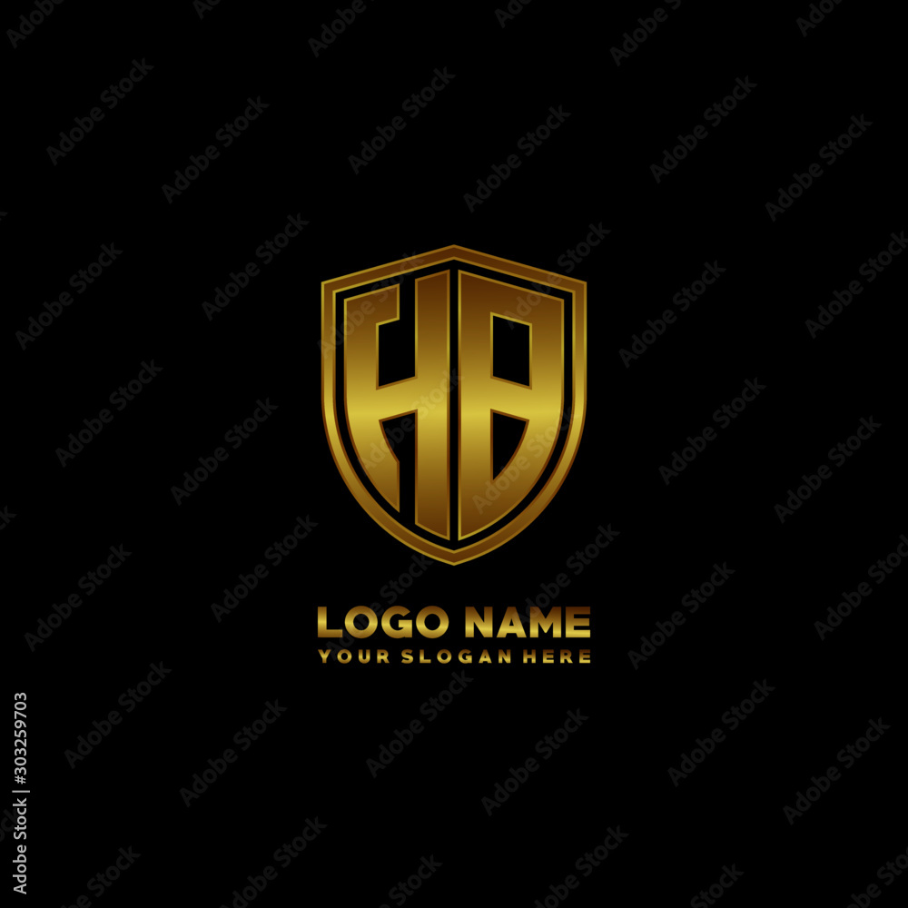 Initial letters HB shield shape gold monogram logo. Shield Secure Safe ...