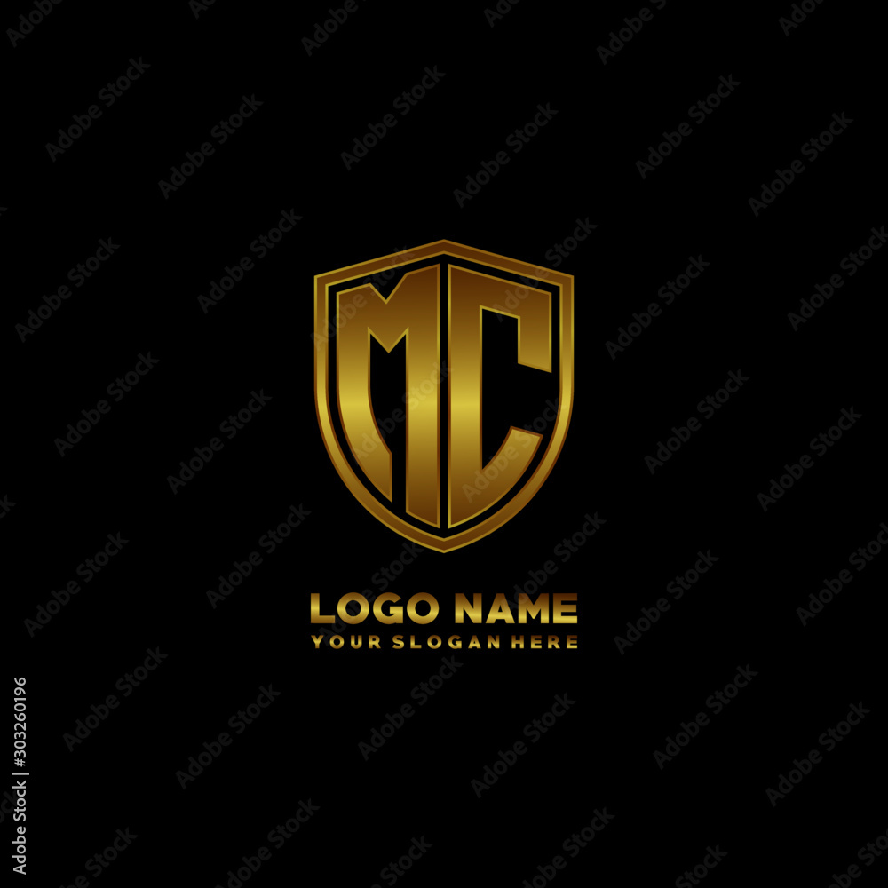 Initial letters MC shield shape gold monogram logo. Shield Secure Safe ...