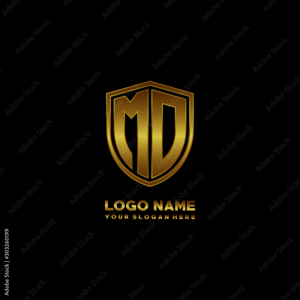 Initial letters MD shield shape gold monogram logo. Shield Secure Safe ...