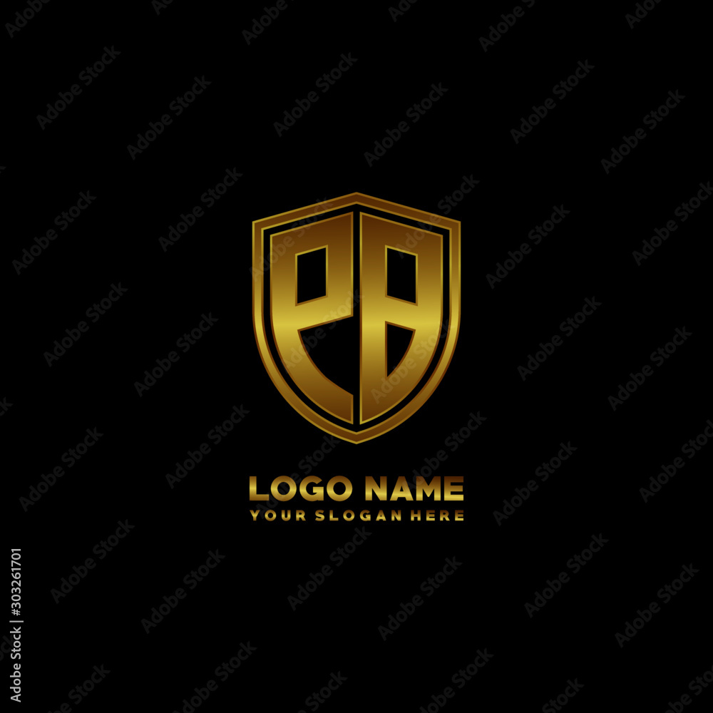 Initial letters PB shield shape gold monogram logo. Shield Secure Safe ...