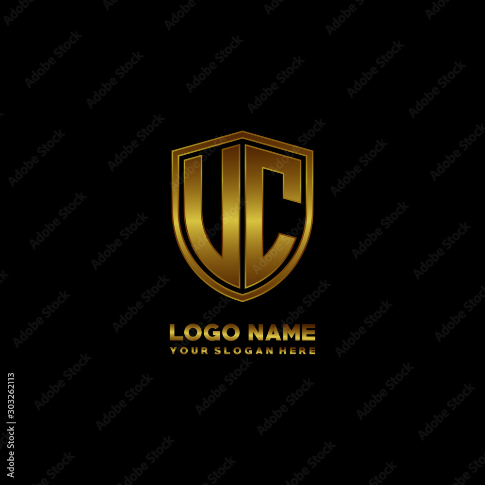 Initial letters UC VC shield shape gold monogram logo. Shield Secure ...