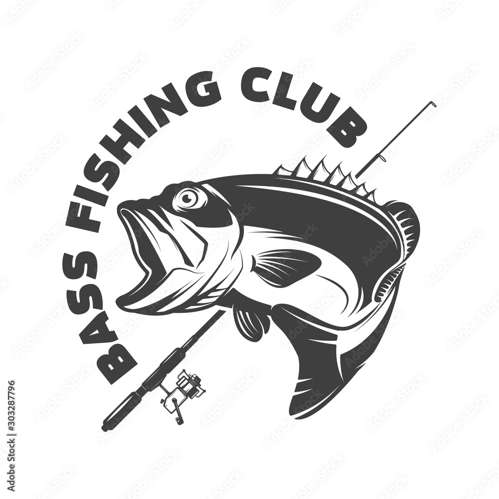 Bass fishing club. Emblem template with perch and fishing rod. Design ...