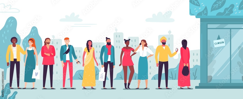 People in line at store. Waiting long lines, buyers standing outside ...