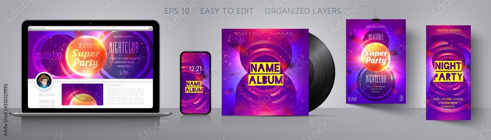 Party flyer template. Layout of the CD cover. Poster template for disco ...