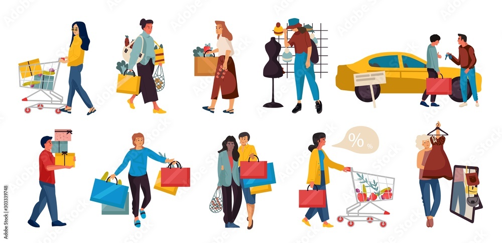 Shopping people. Trendy family and couples cartoon characters at mall ...
