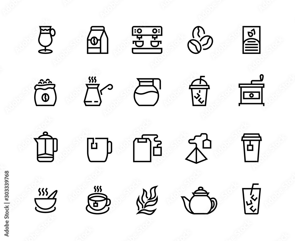 Coffee and tea line icons. Latte espresso and cappuccino coffee cups ...