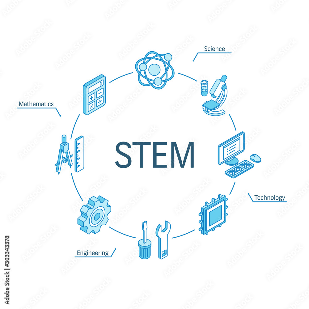 STEM isometric concept. Connected line 3d icons. Integrated circle ...