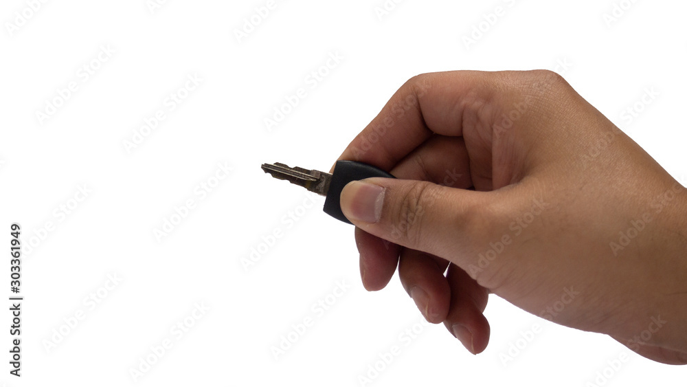 Hand hold the small key on clear background, the key color is black and ...